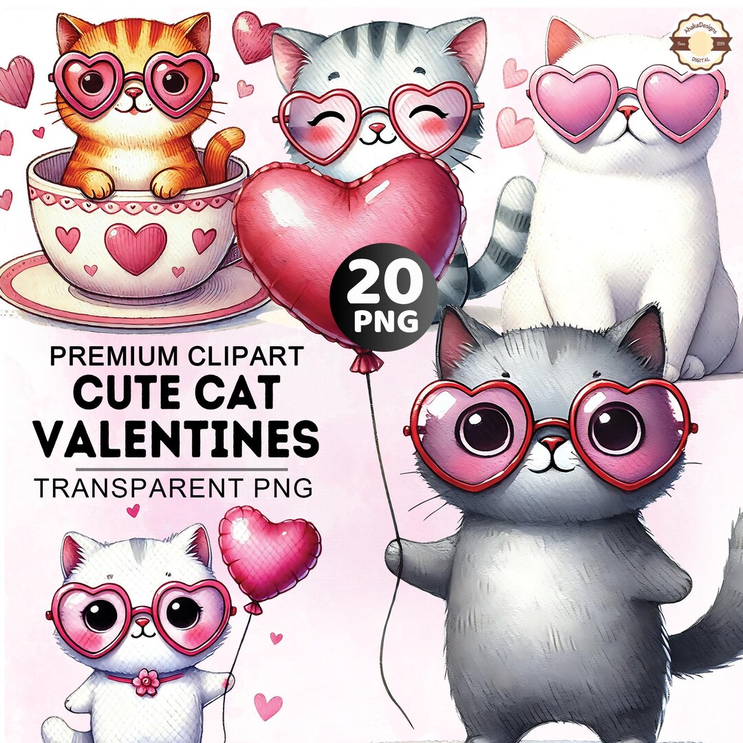 20 Valentine Cat Clipart Bundle, Watercolor Cute Valentine Cat Clipart ...