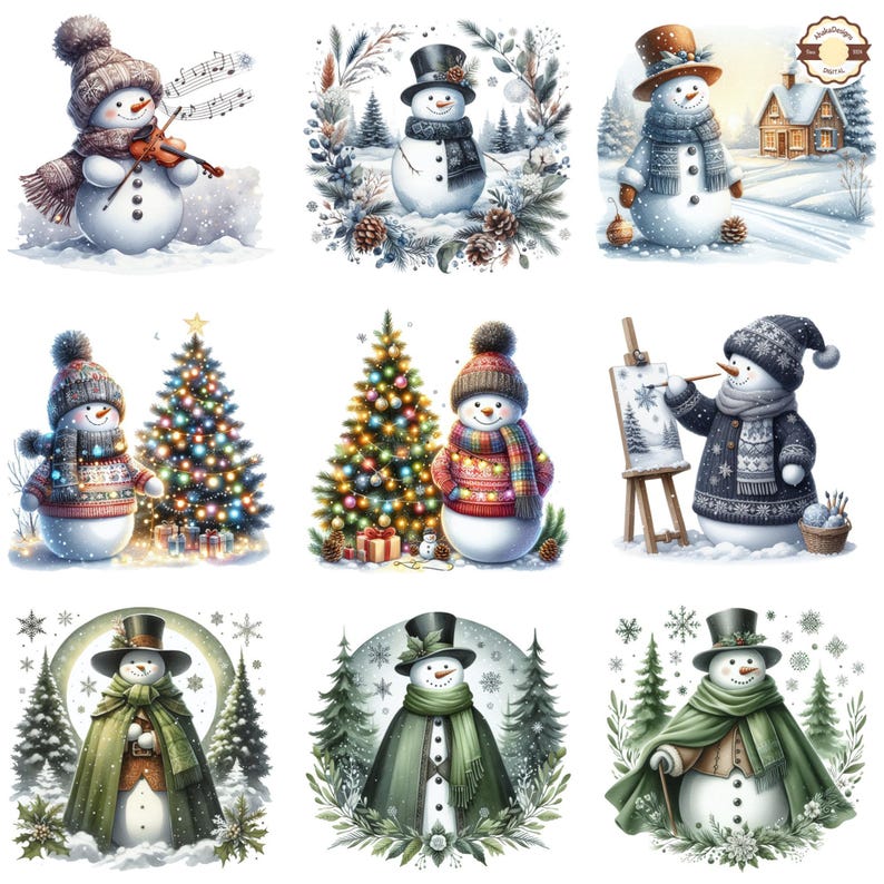 20 Snowman Winter Clipart Bundle, Watercolor Vintage Snowman Clipart ...