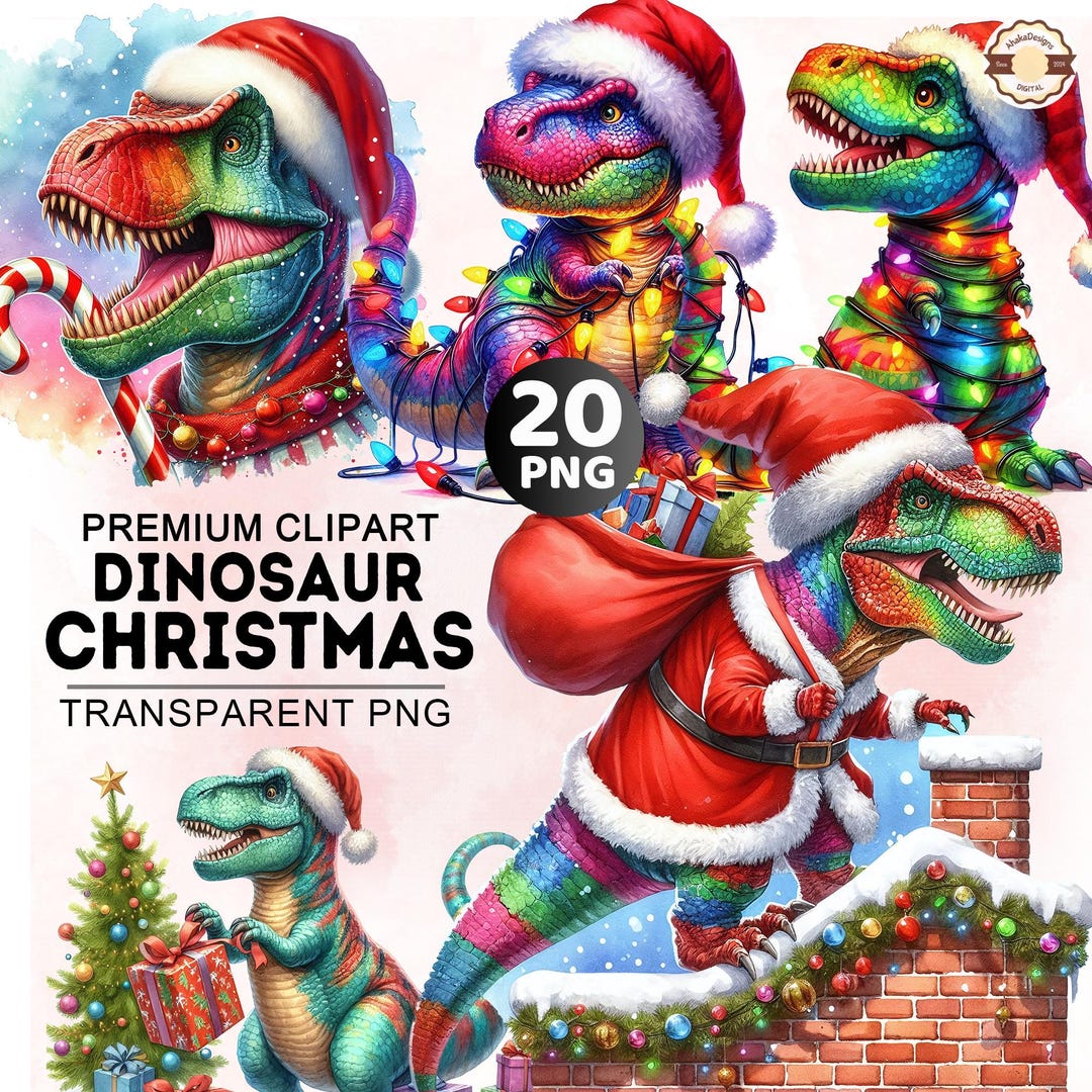 20 T-rex Christmas Clipart Bundle, Watercolor Dinosaur Christmas ...