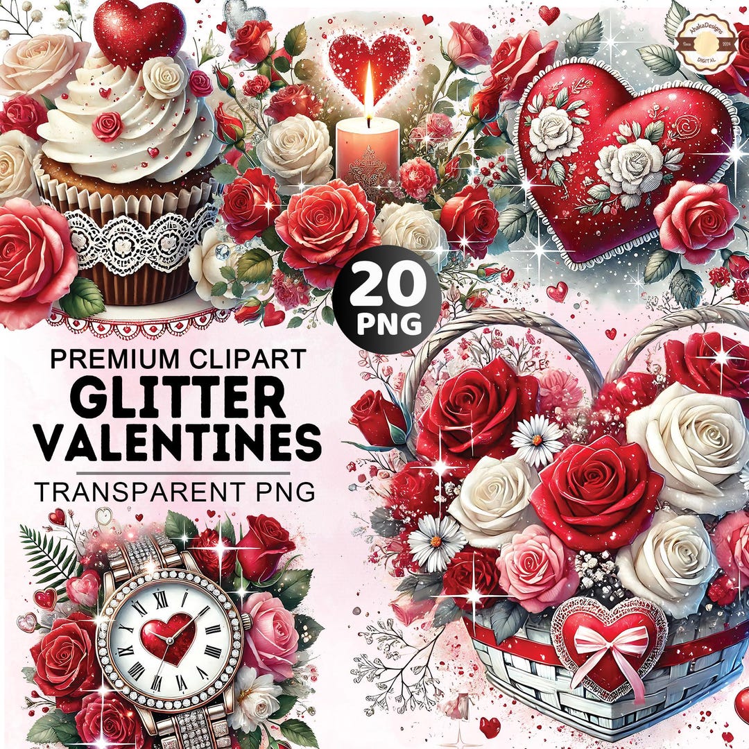 20 Valentines Glitter Clipart Bundle, Watercolor Valentines Glitter ...