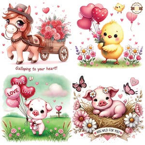 20 Farm Animal Clipart Bundle, Watercolor Valentines Farm Animals ...