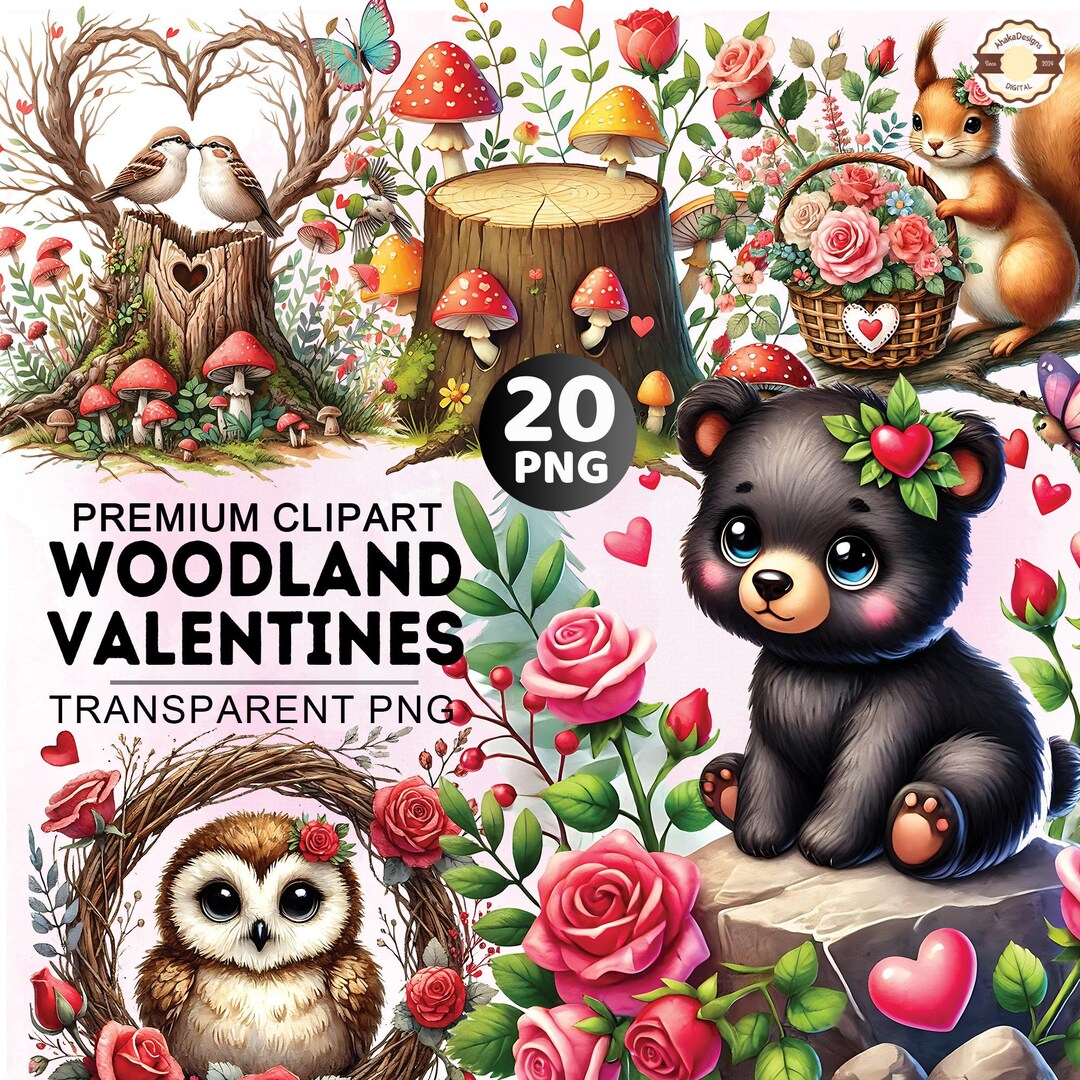20 Woodland Valentines Clipart Bundle, Watercolor Woodland Valentines ...