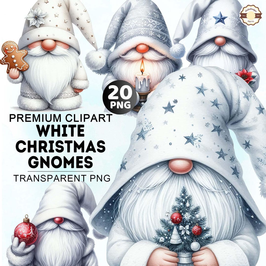 20+ White Gnomes Xmas Clipart Bundle, Watercolor White Christmas Gnomes ...
