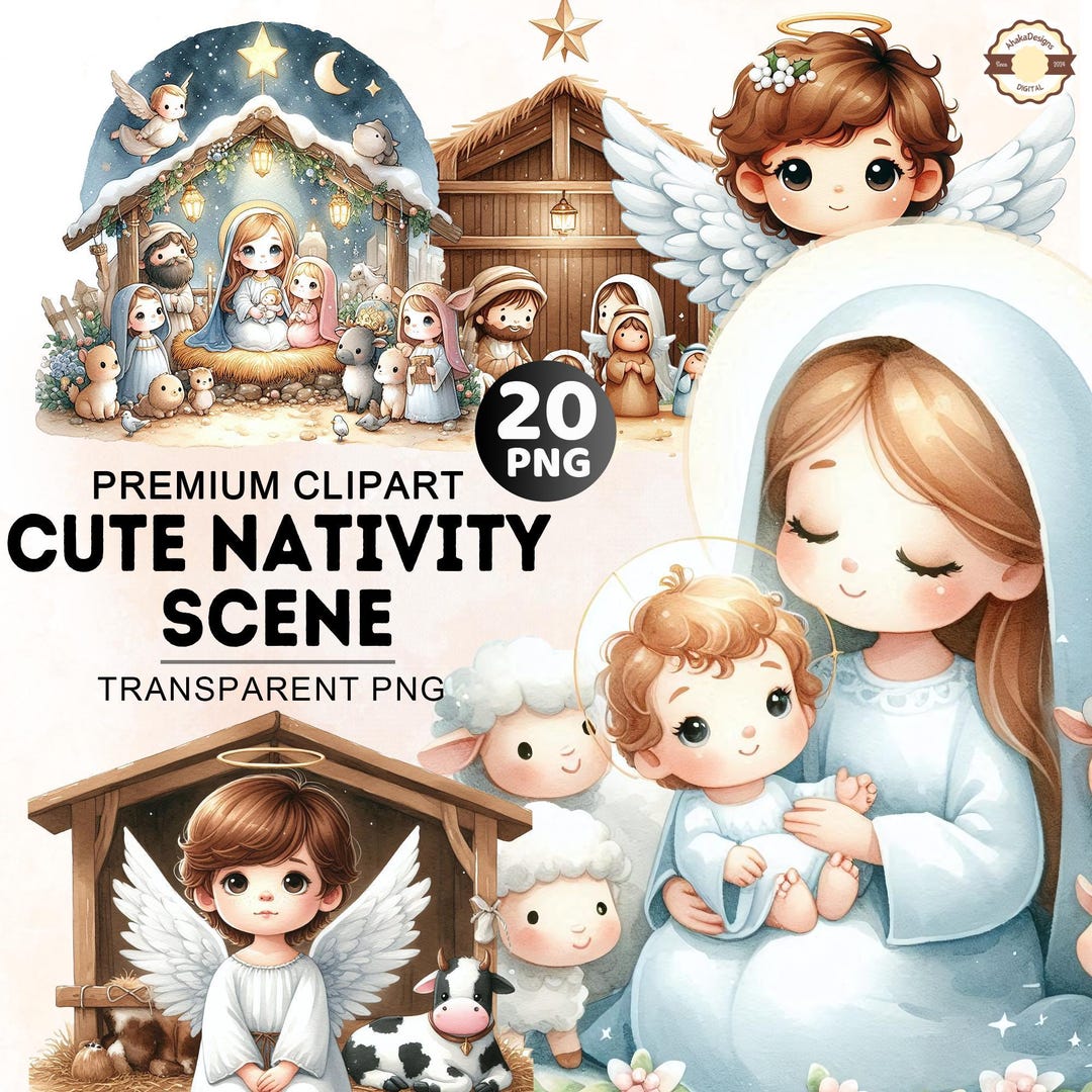 20 Xmas Jesus Birth Clipart Bundle, Watercolor Cute Nativity Scene ...