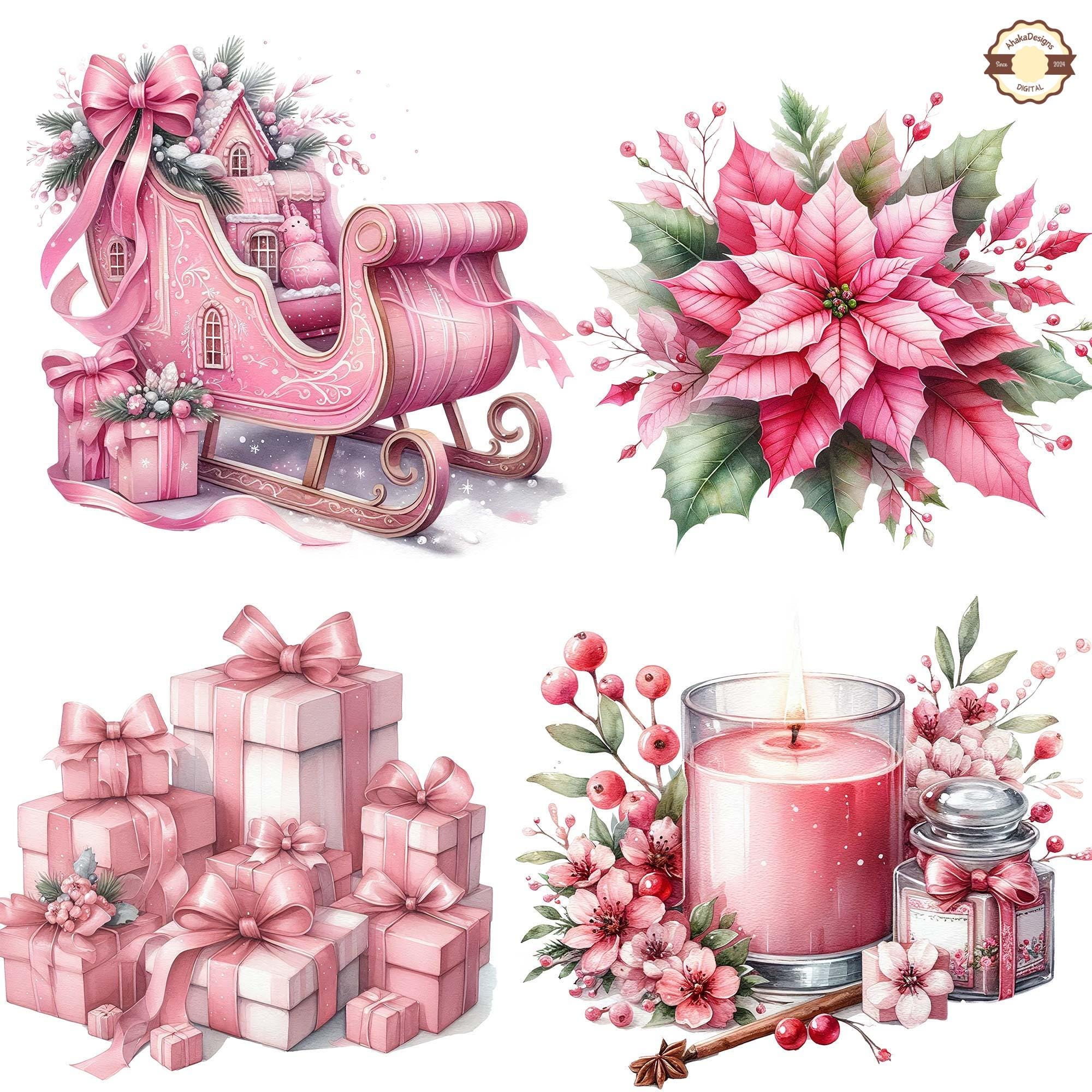 60 Festive Holiday Clipart Bundle, Watercolor Exquisite Pink Christmas ...