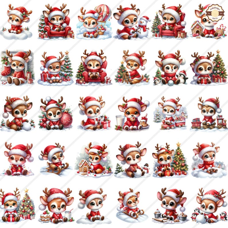 50 Santa Reindeer Clipart Bundle, Watercolor Cute Reindeer Clipart ...