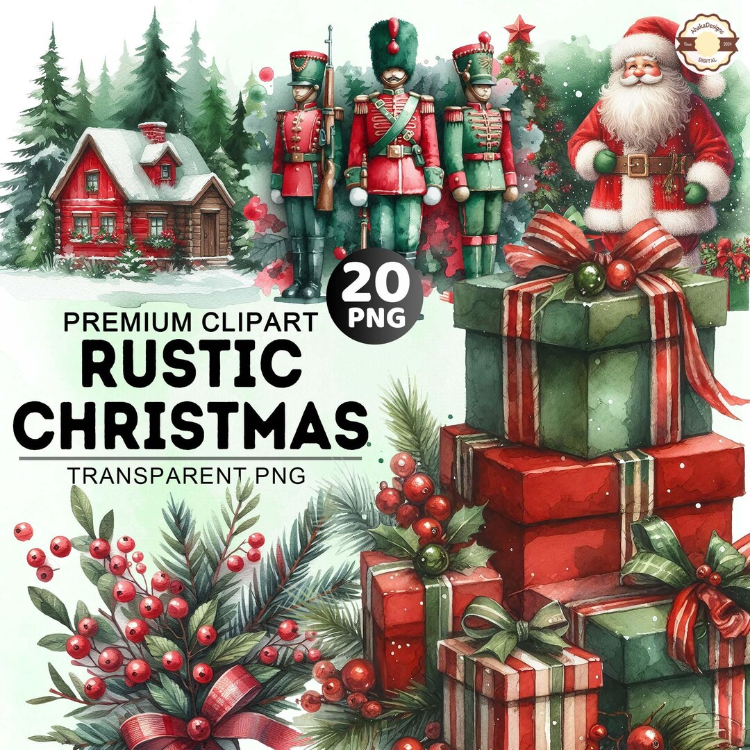 20 Traditional Christmas Clipart Bundle, Watercolor Rustic Red Green ...