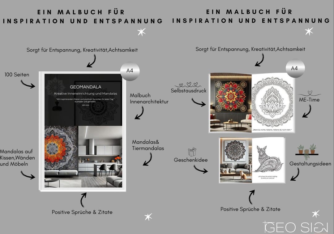 Mandala Coloring Book Interior Design and Positive Sayings Animal ...