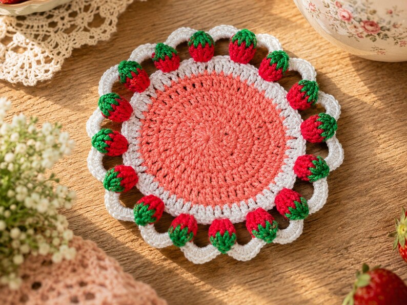Strawberry Coaster Crochet Pattern, Easy Fruit Mug Rug (PDF Download ...