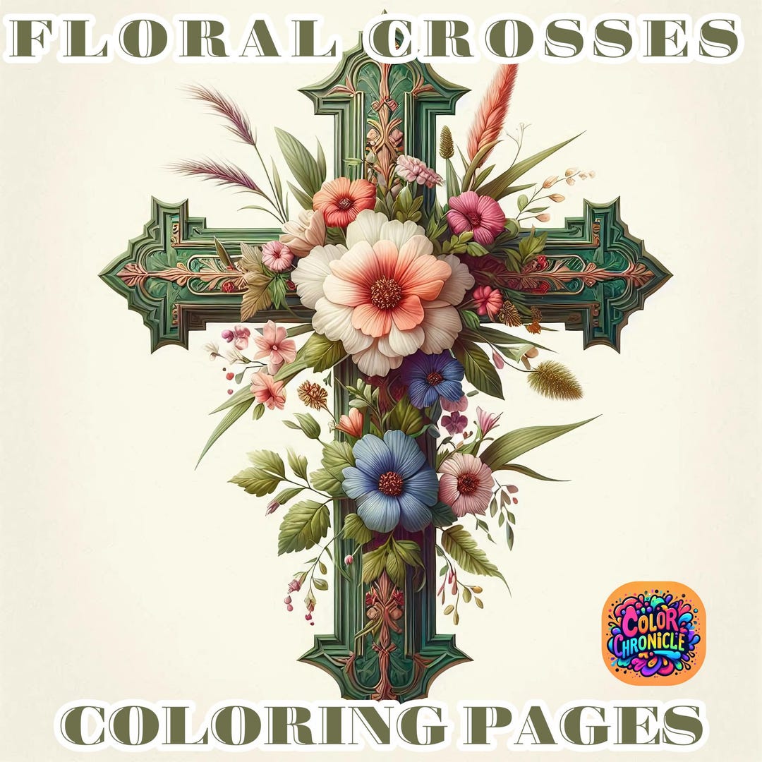Floral Crosses Coloring Pages: Grayscale Religious Art (PDF) - Etsy