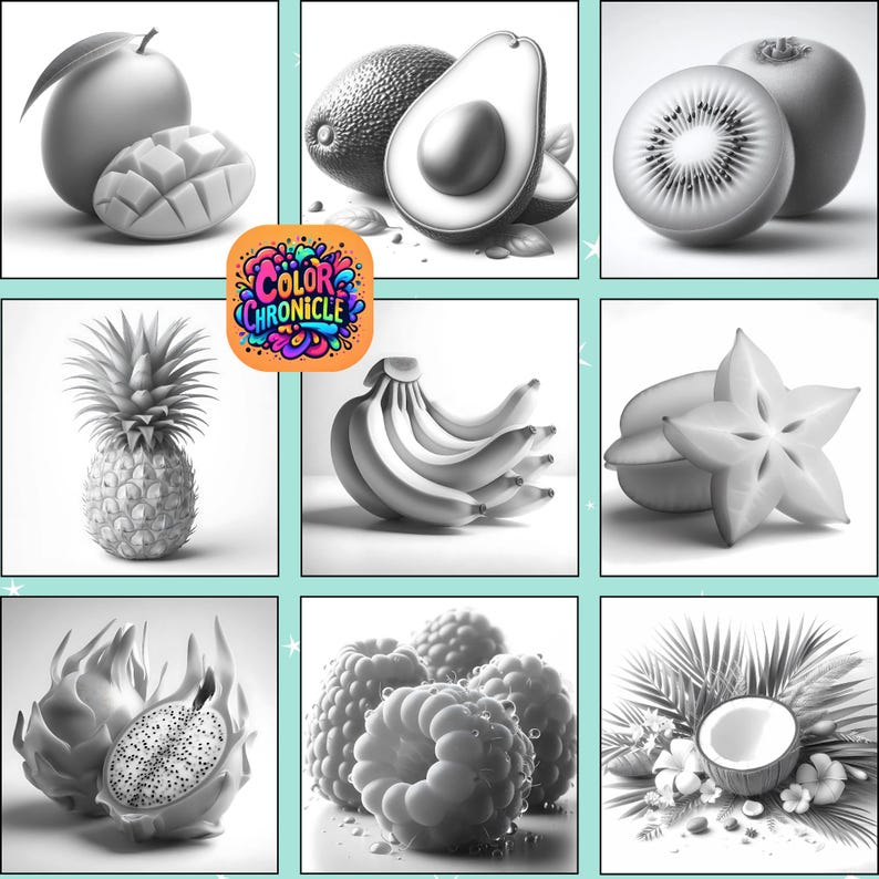 Mixed Fruit Grayscale Coloring Pages: 30 Printable Designs (PDF) - Etsy