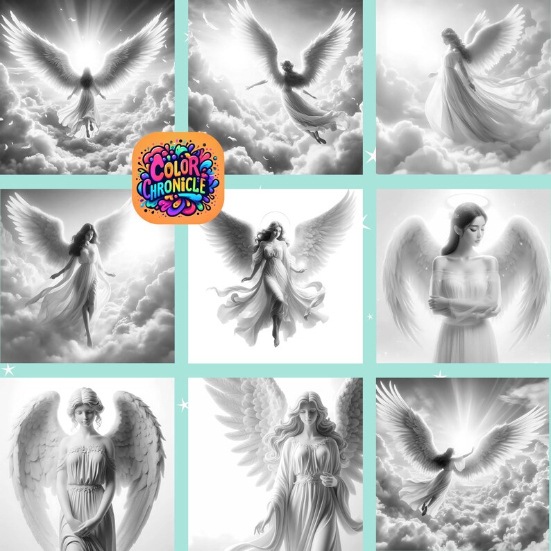 Angels Coloring Book: 40 Grayscale Angel Art Illustrations (digital ...