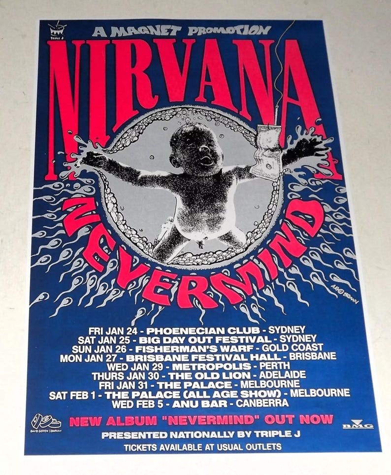Nirvana 1991 nevermind Tour Poster Magnet Dave Grohl Kurt Cobain 19x13 ...