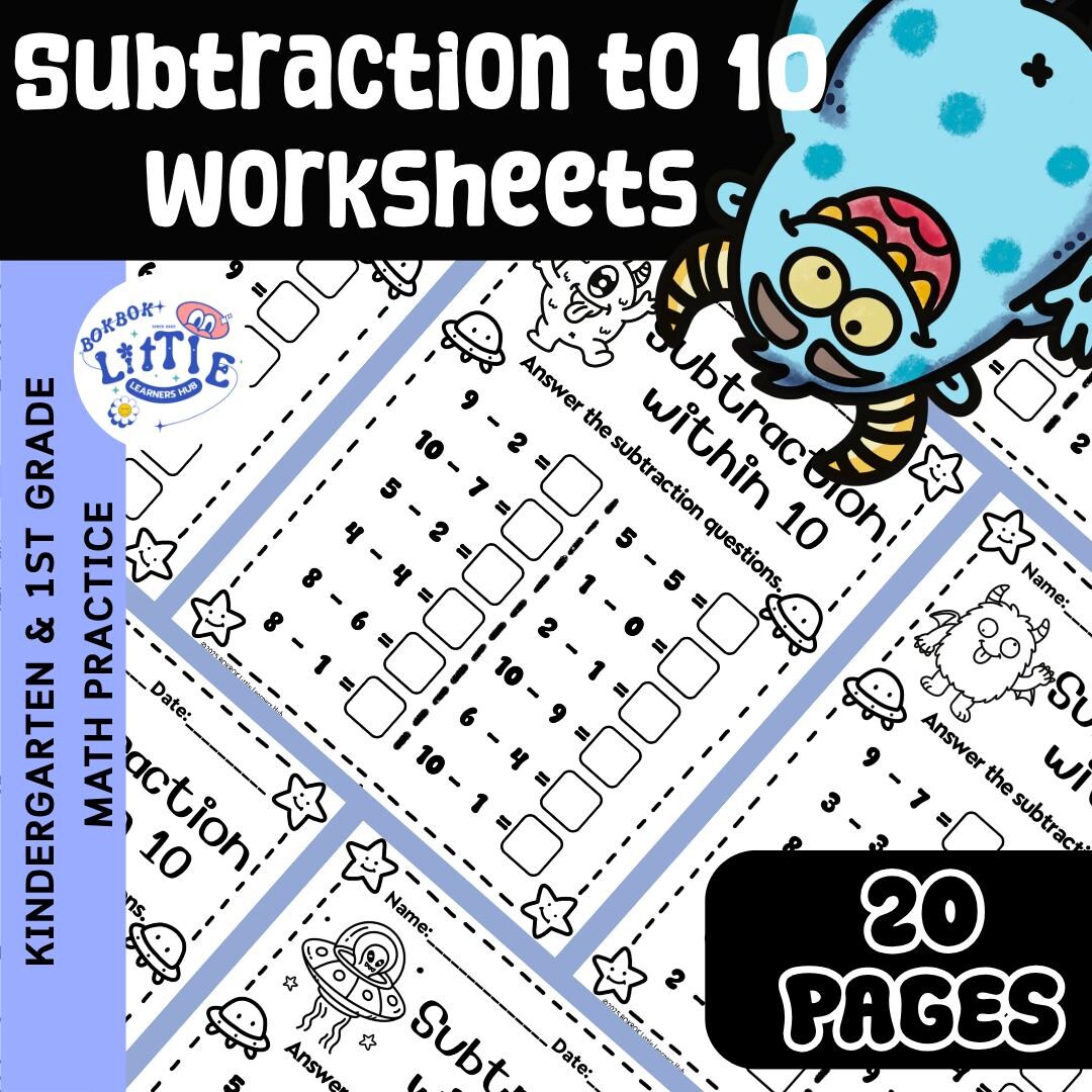 Subtraction Within 10 Worksheet | Space Math Practice | Kindergarten ...
