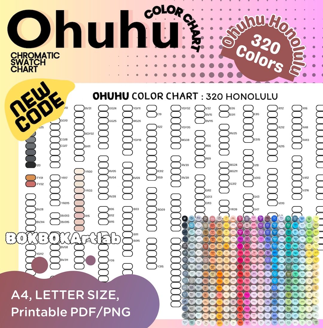Ohuhu Honolulu 320 Marker Swatch Chart: Chromatic Color Guide New Codes ...