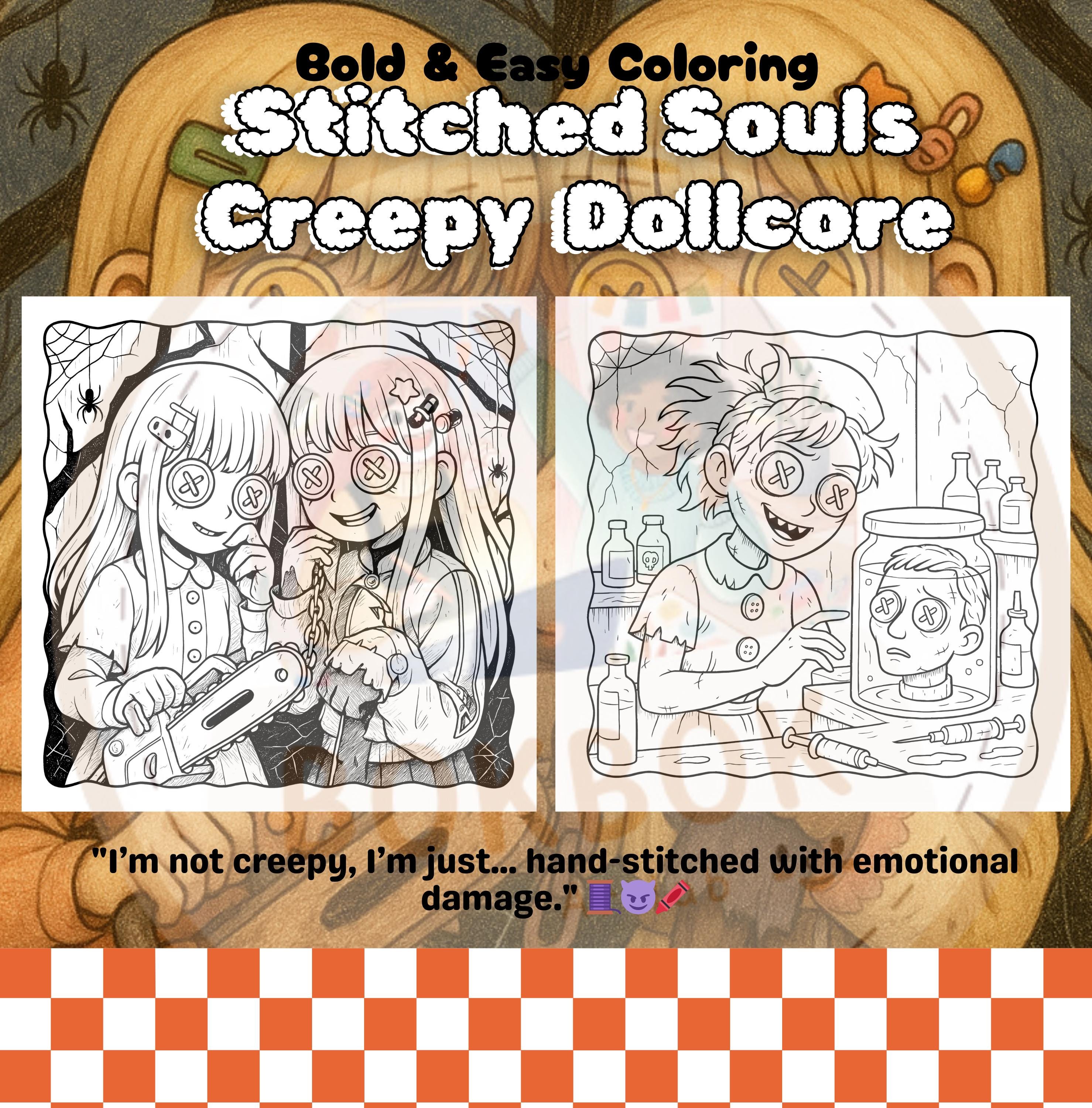Stitched Souls: Creepy Cute Dollcore Coloring Pages | Haunted Girls in ...
