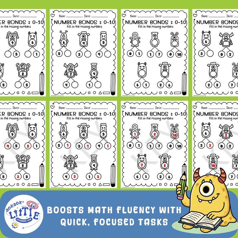 Number Bonds to 10 Worksheets | Monster Theme, 1st Grade Math ...