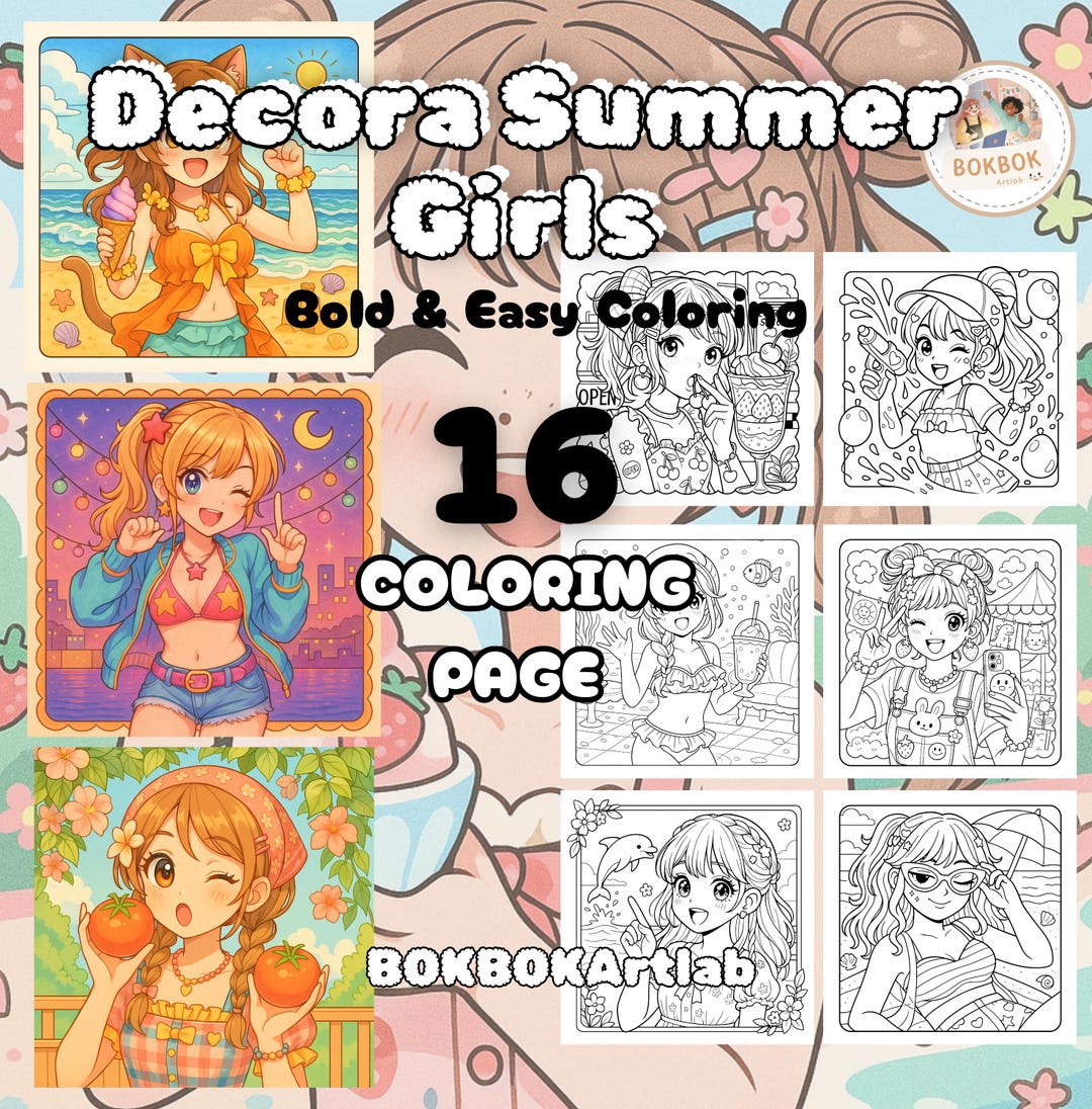 Kawaii Summer Girls Coloring Pages: Beach Picnic Fun (digital Download ...