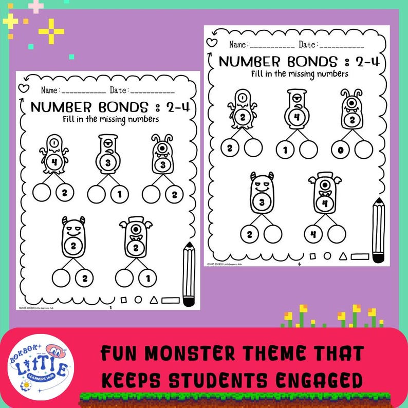 Number Bonds to 2-4 Worksheets | Monster Theme, 1st Grade Math ...