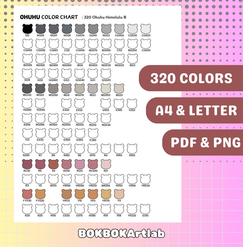 Ohuhu Honolulu 320 Marker Swatch Chart Chromatic Swatch Charts 320