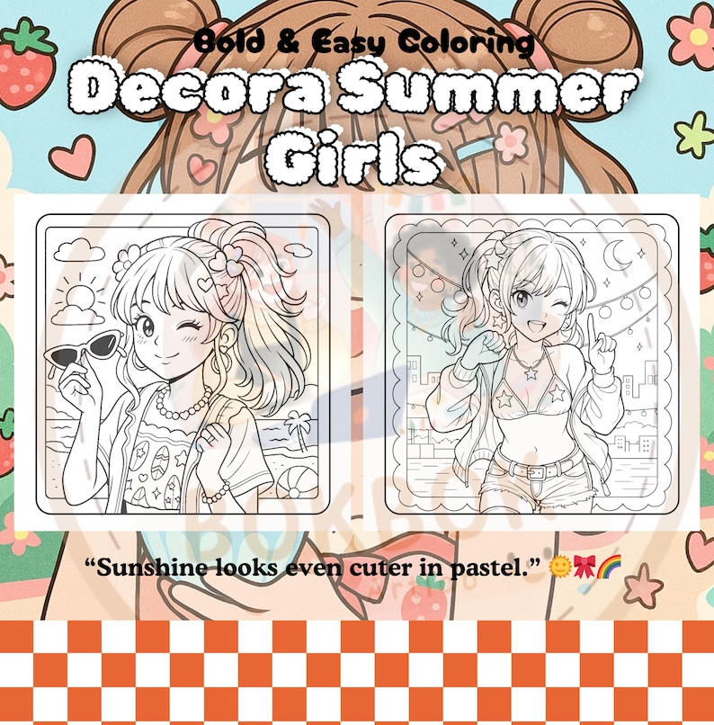 Decora Summer Girls: Kawaii Beach Picnic Coloring Pages | Cute Digital ...
