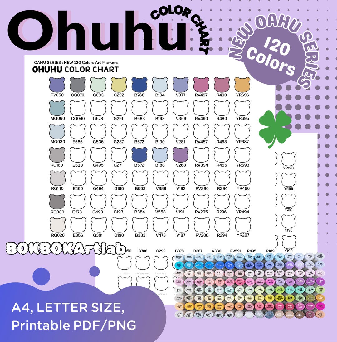 New Ohuhu Oahu 120 Marker Color Swatch Chart, Printable, Swatch ...