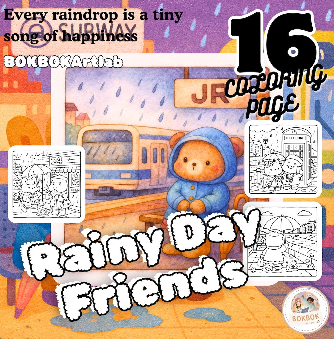 Kawaii Rainy Day Animal Coloring Pages: Cozy Autumn PDF (8.5x8.5 In ...