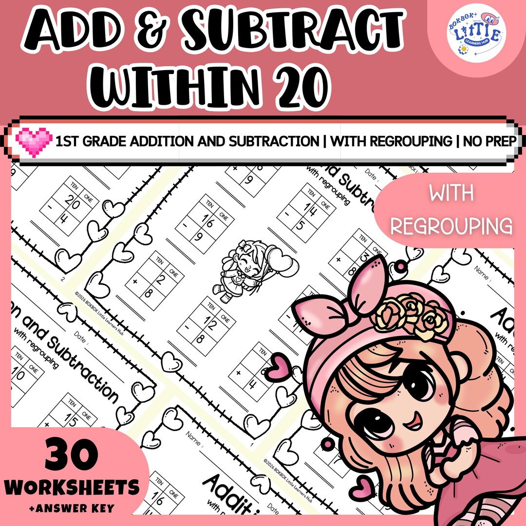 Valentine Addition and Subtraction With Regrouping Within 20 | 1st-2nd ...
