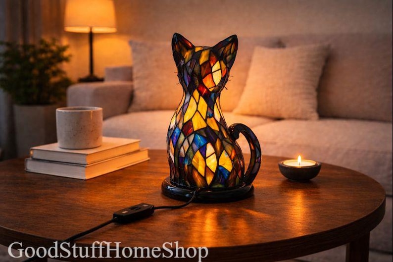 Stained Glass Cat Lamp | Handmade Tiffany Style Stained Glass Animal ...
