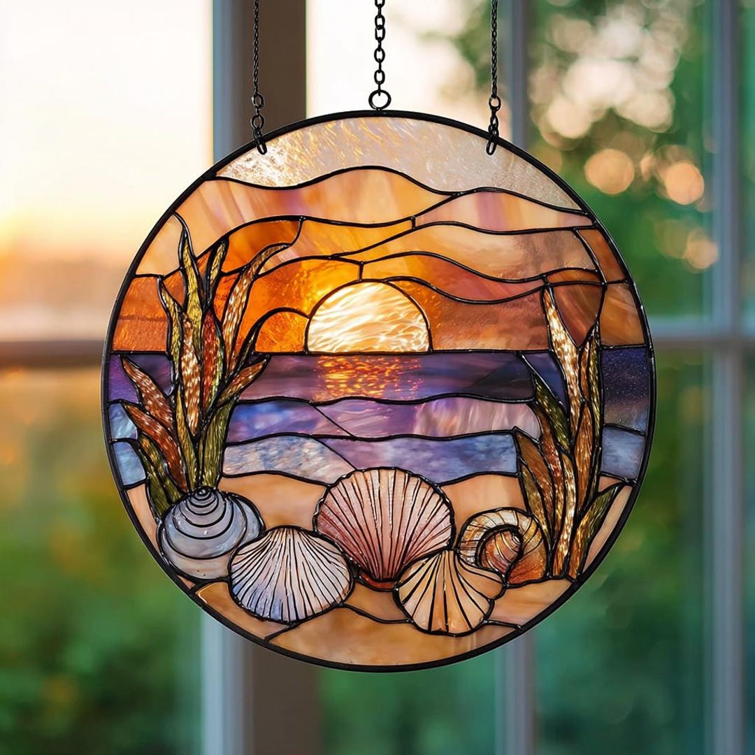 Seashell Sunset Stained Glass Suncatcher, Coastal Beach Window Art ...