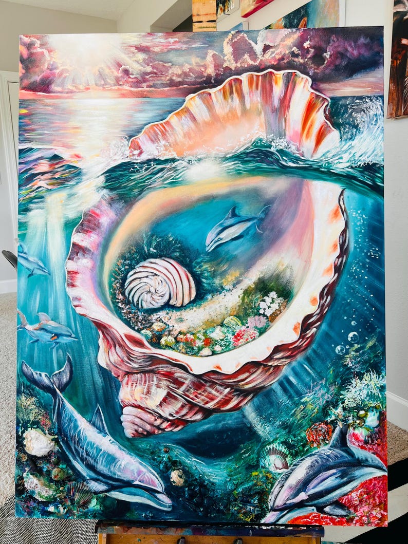 Underwater Ocean Oil Painting: Original Seashell, Dolphins, Coral Reef ...