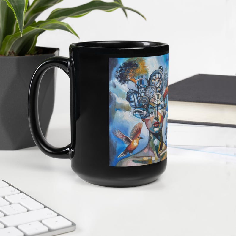 Surrealist Cubist Face Art Mug, Time and Nature Painting, Artistic Tea ...
