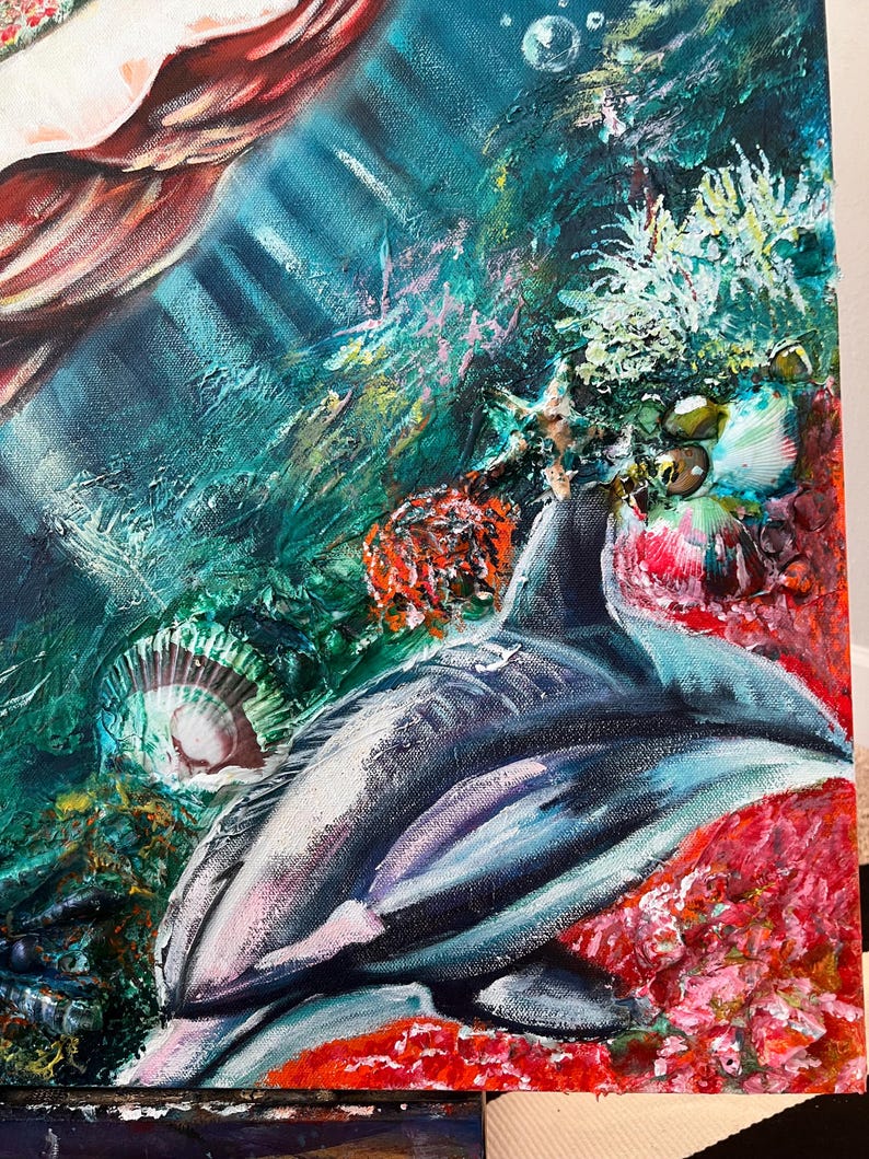 Underwater Ocean Oil Painting: Original Seashell, Dolphins, Coral Reef ...