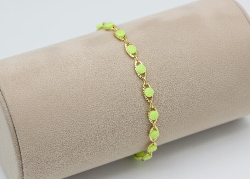 Neon Green Ribbed Bead Bracelet, Gold Plated Bracelet, Stackable ...