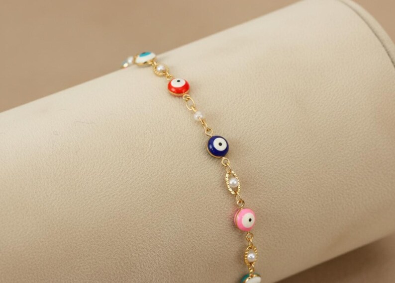 Evil Eye Pearl Bead Bracelet for Women, Gold Chain Nazar Charm Bracelet ...