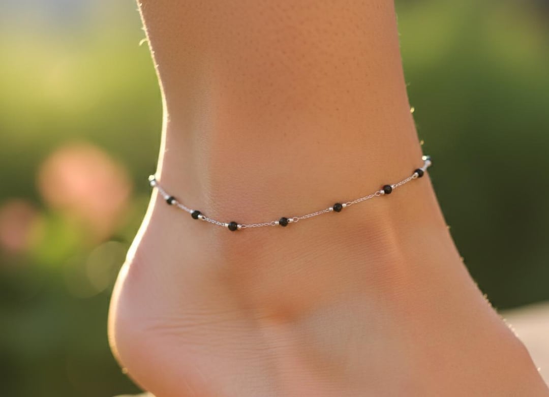 Black Onyx Beaded Anklet Silver Chain, Dainty Anklet, Tiny Black Bead ...