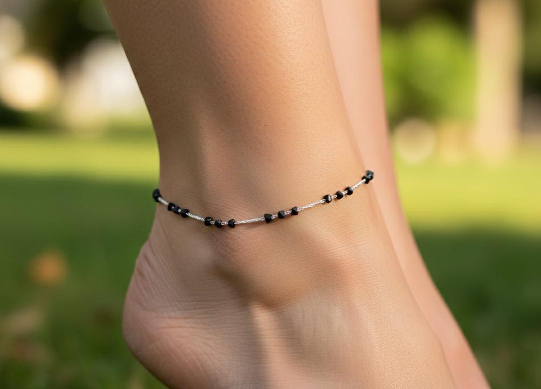 Black Triangle Bead Anklet, Silver Chain Anklet, Dainty Boho Anklet ...