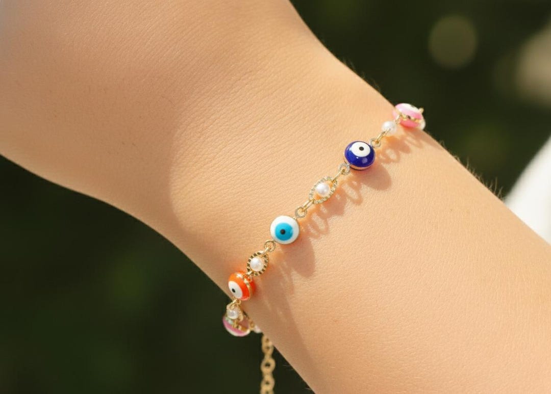 Evil Eye Pearl Bead Bracelet for Women, Gold Chain Nazar Charm Bracelet ...