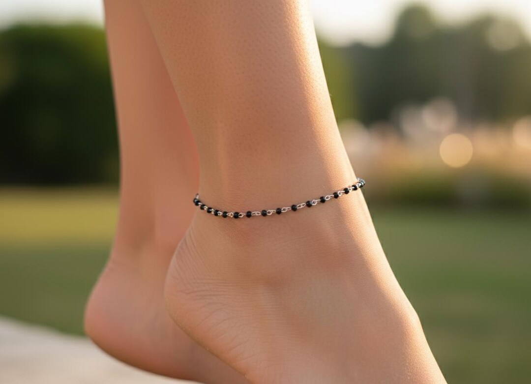 Black Beaded Anklet for Women – Dainty Silver Chain Anklet, Thin ...