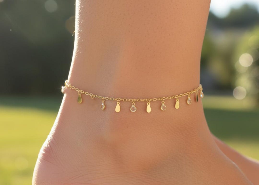 Gold Charm Anklet for Women • Dainty Teardrop & Crystal Dangle Anklet ...
