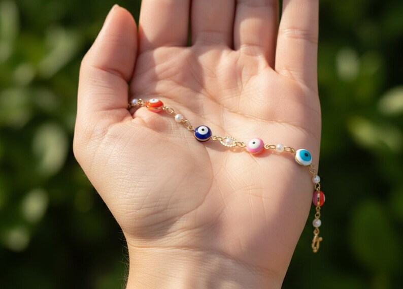 Evil Eye Pearl Bead Bracelet for Women, Gold Chain Nazar Charm Bracelet ...