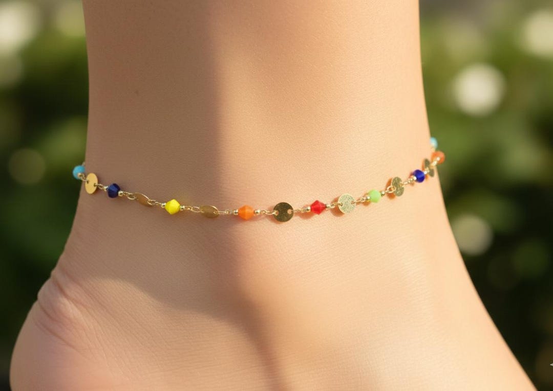 Gold Coin Anklet With Multicolor Crystal Beads, Dainty Disc Anklet for ...