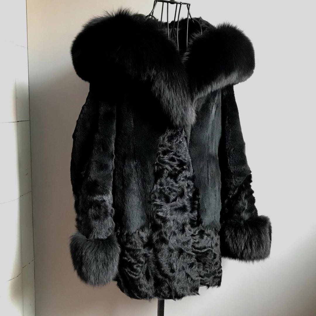 Vintage Black Goat and Fox Fur Coat Small Size EU34-36, Hooded Warm ...