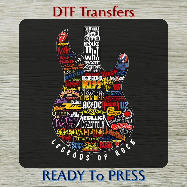 Rock Legends Guitar Dtf Transfer, Rock Band Logo Collage Guitar Ready ...