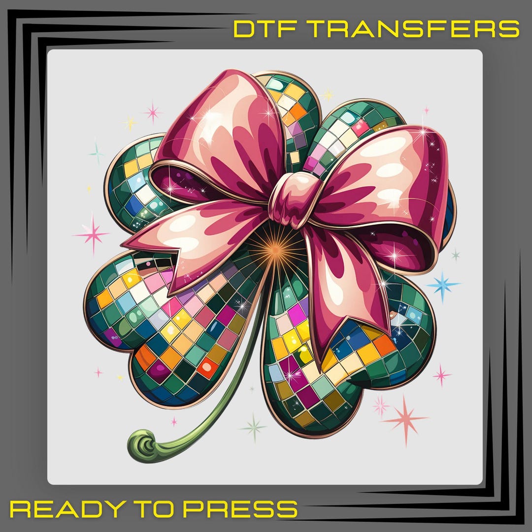 Coquette Shamrock Disco Ball Dtf Transfer, Lucky Shamrock Bow Ready to Press, 4 Leaf Clover Dtf ...