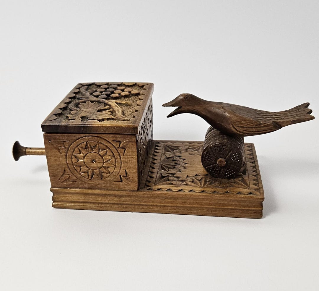 Mid-century Mechanical Wooden Bird Cigarette Dispenser Vintage Hand ...