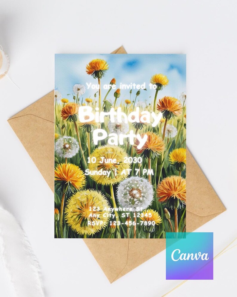 Dandelion Editable Invitation Canva Template Yellow Wildflowers Dandelion Birthday Invitation ...