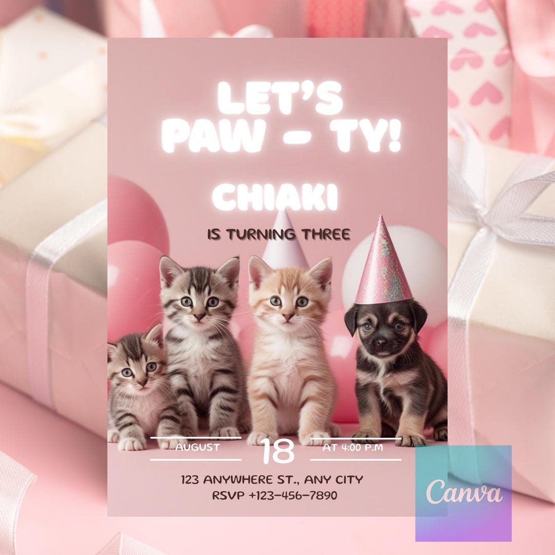 Cute Cat Birthday Invitation, Cat Paw-ty Invitation, Kitty Party Invite ...