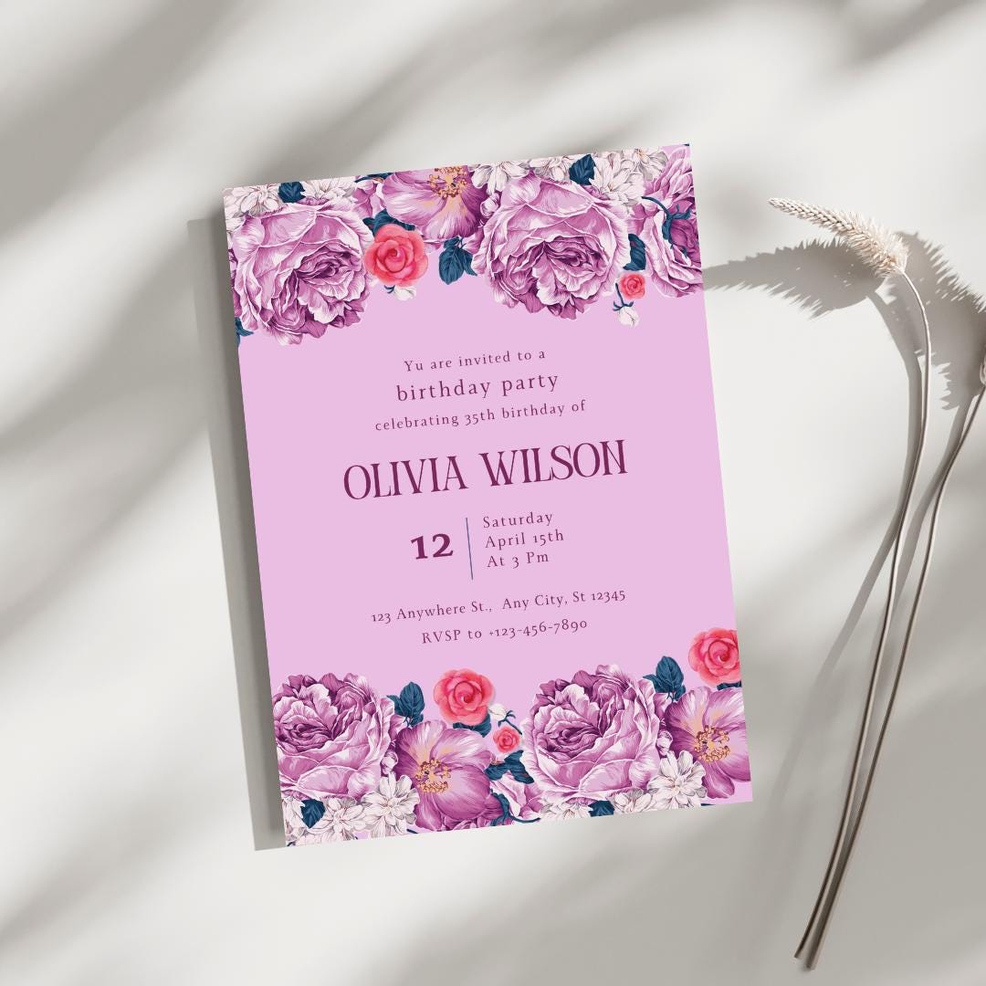 EDITABLE Invitation, Purple Spring Floral Birthday Invitation, Purple ...