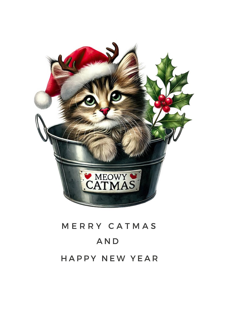 Cat Christmas Card, Meowy Christmas PNG, Festive, Cat, Christmas ...